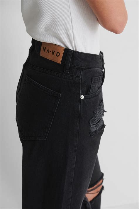 High Waist Wide Leg Destroyed Jeans Black Na
