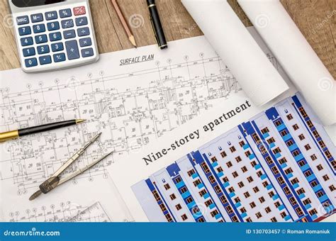 Architectural Construction Documents With Pen Stock Image Image Of Instrument Design 130703457