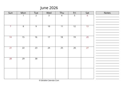 Download June 2026 Calendar With Notes Weeks Start On Sunday