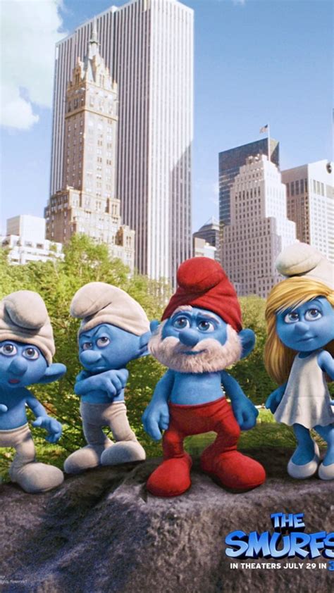 صورة بابا سنفور و السنافر وراء مباني أمريكا Smurfs Smurfs Party Disney Wallpaper