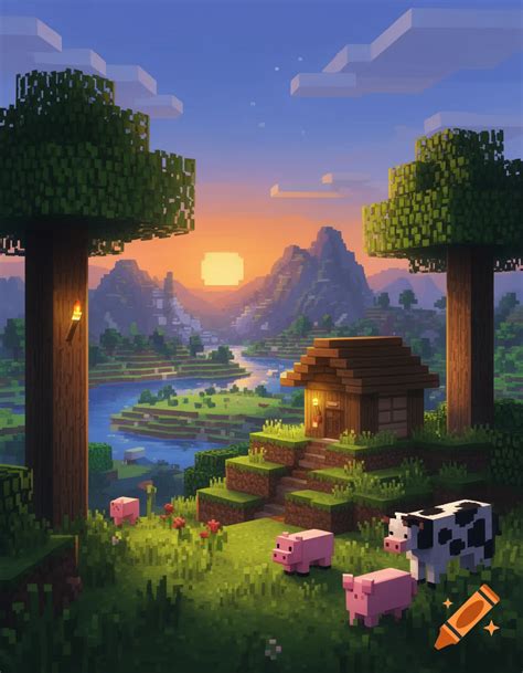 Pixel Art Minecraft Landscape At Sunset With A Small House River