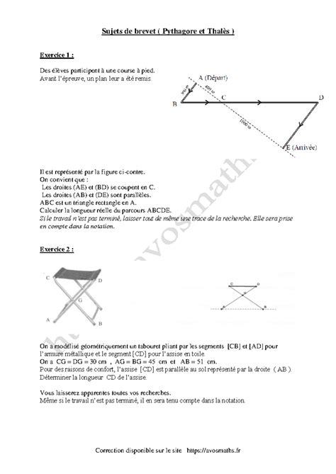 Sujets Brevet Maths 3eme Thalès And Pythagore 2012 Ch4 Studocu