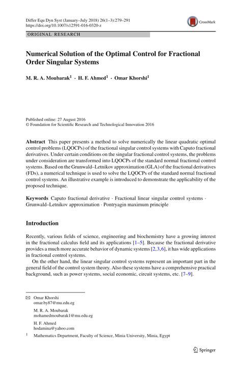 Pdf Numerical Solution Of The Optimal Control For Fractional Order
