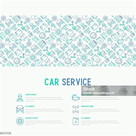 자동차 정비공 컴퓨터 진단 도구 휠 배터리 전송 잭의 얇은 선 아이콘으로 서비스 개념 현대 벡터 일러스트 레이 션 배너 웹 페이지 인쇄 미디어 가스 캔에 대한 스톡 벡터