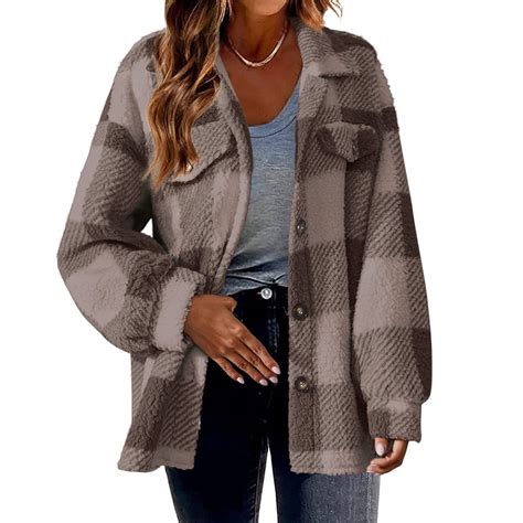 Womens Casual Plaid Flannel Shacket Jacket Fall And Winter Straight