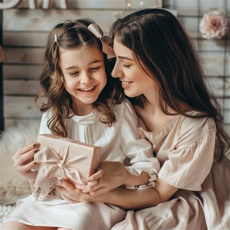 Filha Bonita Dando Presente Para Sua Mãe Simbolismo De Feliz Celebração