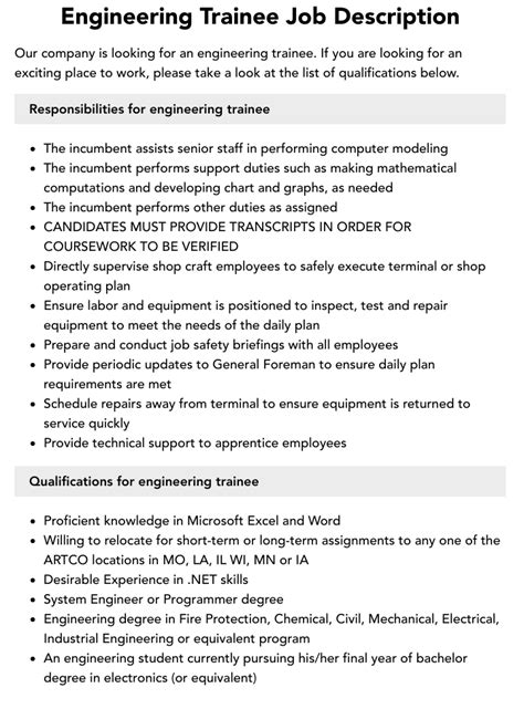 Engineering Trainee Job Description Velvet Jobs
