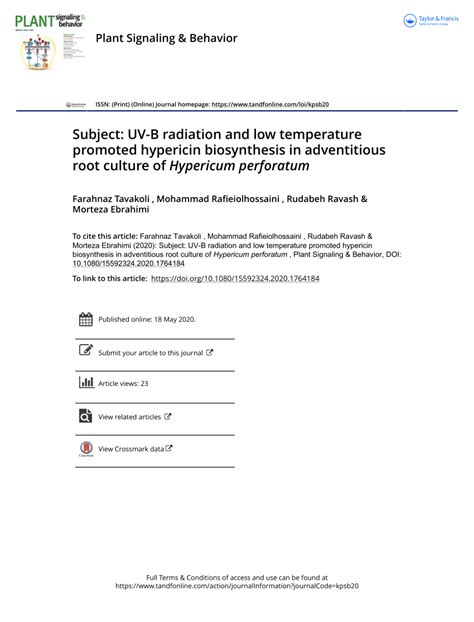 Pdf Subject Uv B Radiation And Low Temperature Promoted Hypericin