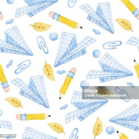 수채화 이음새가 없는 무늬와 학용품 학교 테마로 돌아가는 귀여운 인쇄물 연필과 종이 비행기로 밝은 아이들의 인쇄 과학에 대한 스톡 벡터 아트 및 기타 이미지 Istock