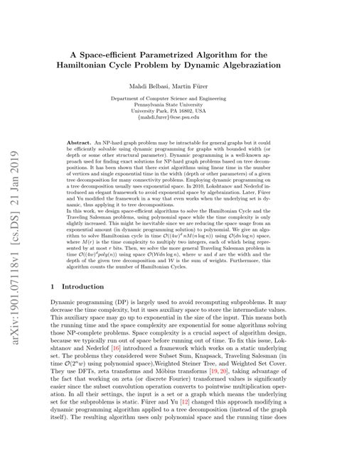 Pdf A Space Efficient Parameterized Algorithm For The Hamiltonian Cycle Problem By Dynamic