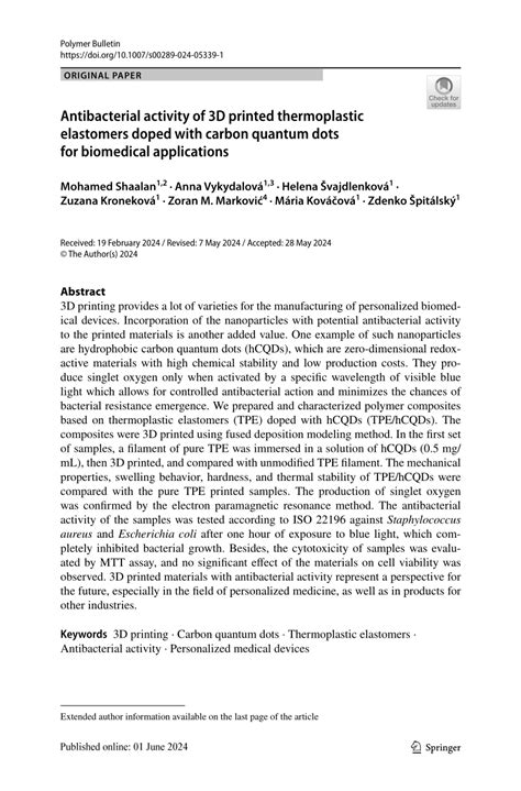 Pdf Antibacterial Activity Of 3d Printed Thermoplastic Elastomers Doped With Carbon Quantum