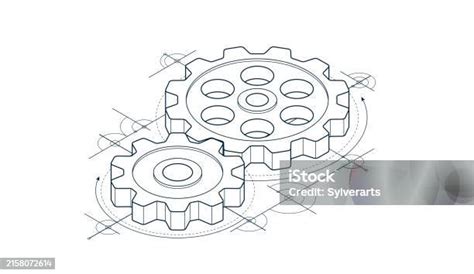 기계 공학 개념 기어 및 톱니바퀴 프로젝트 도면 초안 등각 투영 3d 벡터 일러스트 레이 션 톱니 바퀴 시스템 기술 및 기술 기계 엔진 등측투영법에 대한 스톡 벡터 아트 및