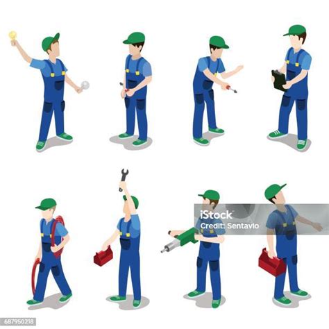 3 차원 Isometric 배관공 전기 기계 자동차 수리 서비스 작업자 아이콘 설정된 개념 웹 인포 그래픽 벡터 일러스트 레이 션 플랫 크리에이 티브 사람들이 컬렉션입니다