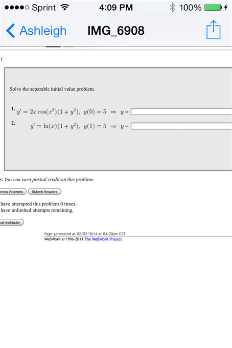 Solved Solve The Separable Initial Value Problem Y 2x