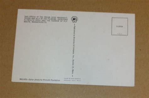 Vintage Unused Postcard Massasoit Indian Statue Plymouth Mass
