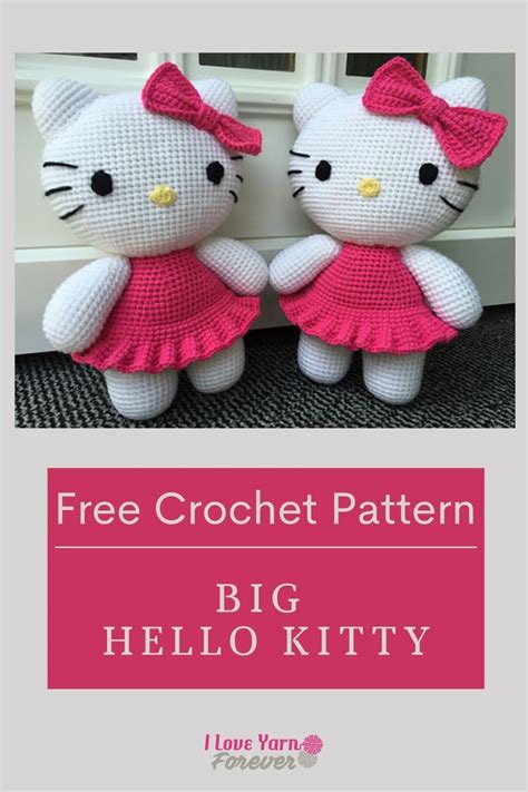 Two Crocheted Hello Kitty Dolls Sitting Next To Each Other With The