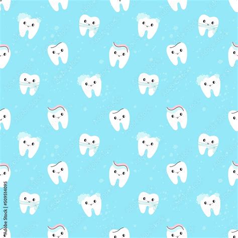 Cartoon Teeth Seamless Pattern Cute Teeth White Enamel Smiley Face