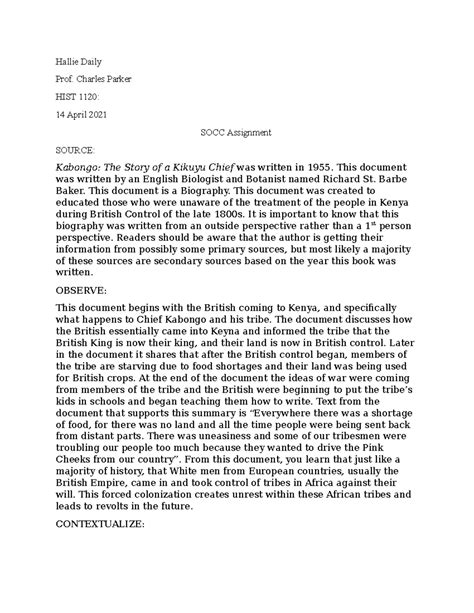 Socc Assignment 2 Hallie Daily Prof Charles Parker Hist 1120 14