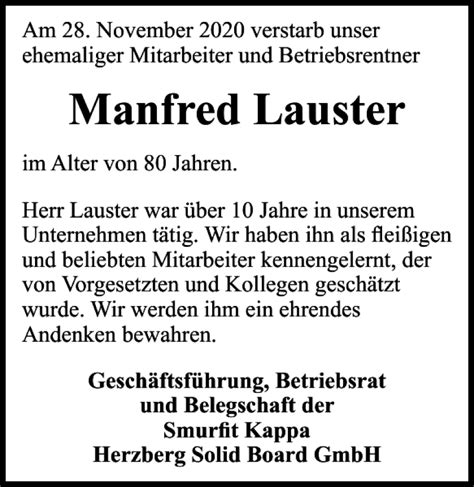 Traueranzeigen Von Manfred Lauster Harztrauer De