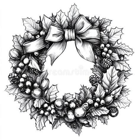 Intricate Black And White Holiday Wreath Featuring Berries And Leaves