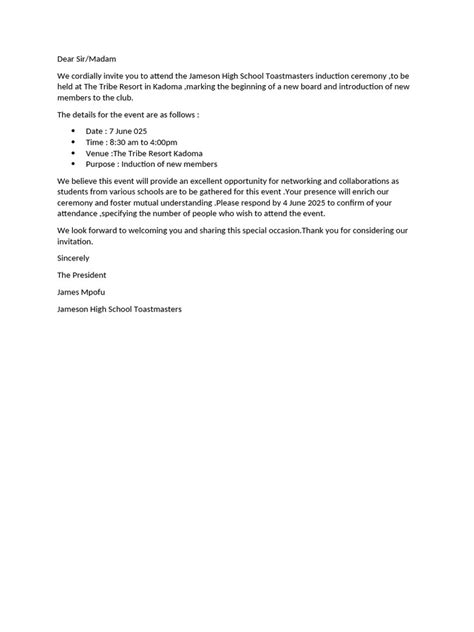 Jameson High School Induction Invite Pdf