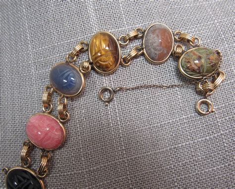 Vintage 12k Gold Filled Semi Precious Scarab Stone Link Bracelet