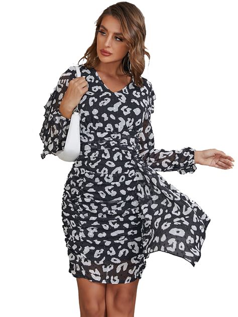 Eilly Bazar Black Leopard Print Dress For Women Long Sleeve Above Knee