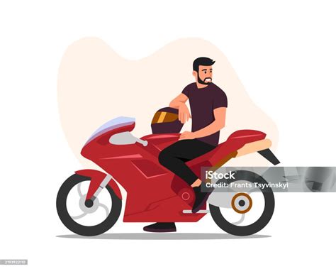 잘 생긴 오토바이 운전자의 벡터 그림입니다 검은 바지 부르고뉴 티셔츠 헬멧을 들고 오토바이에 앉아 흰색 배경에 고립 된 측면도에 수염 오토바이 운전자의 만화 장면 교통수단에