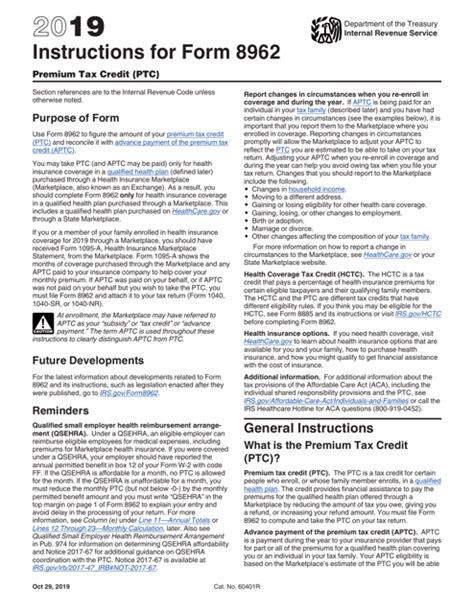 Download Instructions For Irs Form 8962 Premium Tax Credit Ptc Pdf