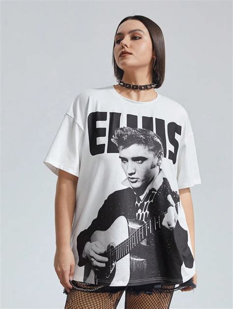 Elvis Presley X Shein Plus Size Oversized Black And White Guitar And Letter Graphic Tee Shein