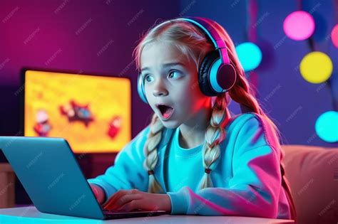 Amazed Shocked Cute Preteen Blonde Girl With Two Braids Using Laptop