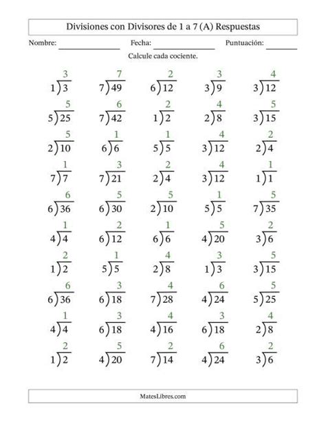 Divisiones Básicas Con Divisores Y Cocientes Entre 1 Y 7 Con Símbologalera De División Larga