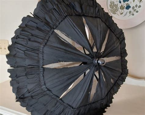 Civil War Victorian Black Silk Mourning Folding Parasol Antique