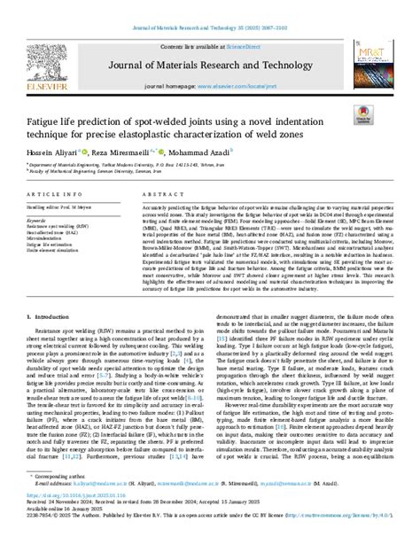 Pdf Fatigue Life Prediction Of Spot Welded Joints Using A Novel Indentation Technique For