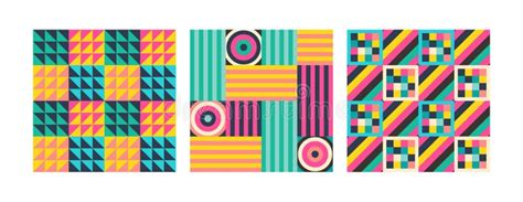 Set Of Three Vector Summer Seamless Patterns Assembled From Squares With Geometric Ornaments
