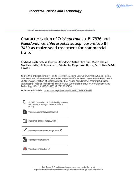 Pdf Characterisation Of Trichoderma Sp Bi 7376 And Pseudomonas Chlororaphis Subsp Aurantiaca