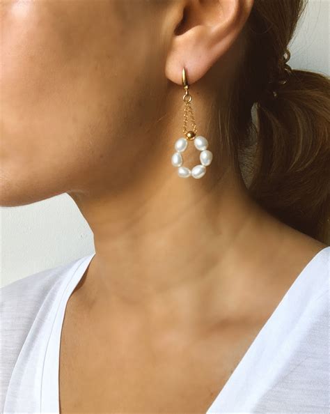 Freshwater Pearl Hoop Earrings Gold Plated Silver Dangle Drop Earrings