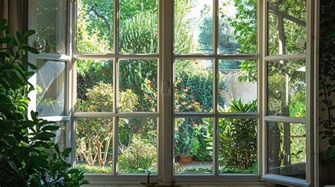 View Of Green Garden From Open Home Window Background Window Glass