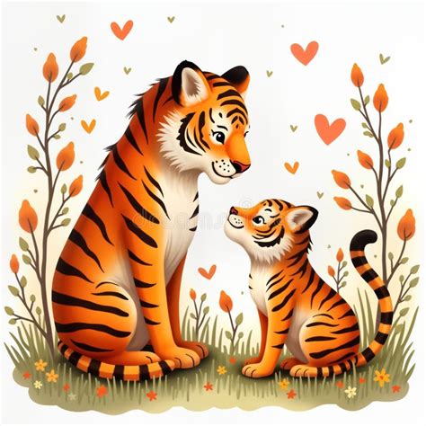 Cute Watercolor Tiger Mother Cub Illustration Mother Tiger Sits Attentively Looking At Cub