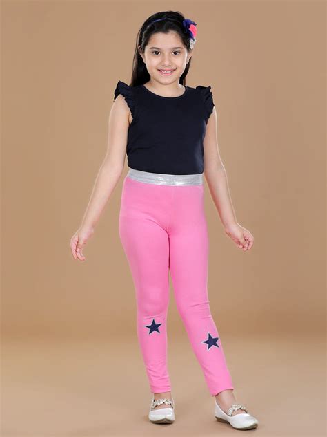 Girls Silver Elasticated Waistband And Star Printed Pink Leggings