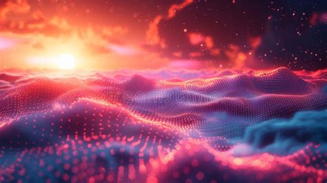 Digital Sunset Over A Wavy Retro Tech Landscape Stock Image Image Of