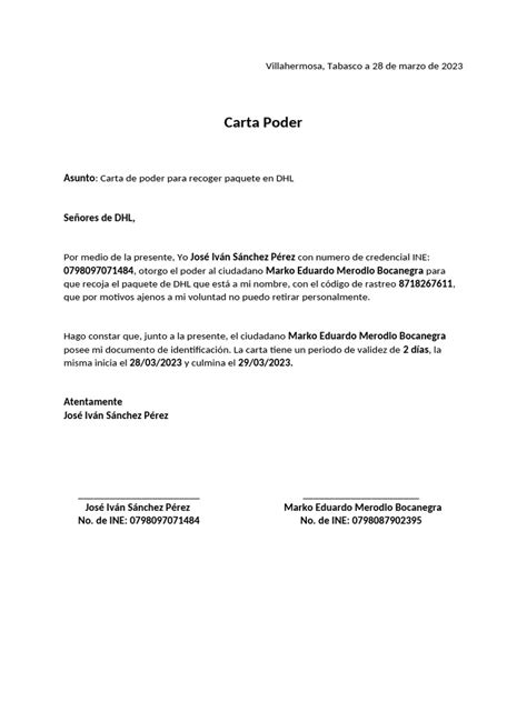 Carta Poder Para Recoger Un Paquete En Dhl Pdf