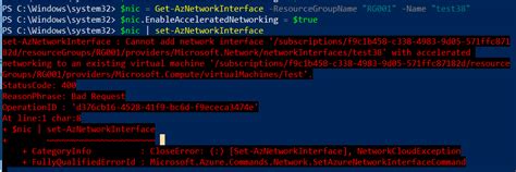 Azure Accelerated Networking Enable Error PowerShell Status Code 400 Stack Overflow