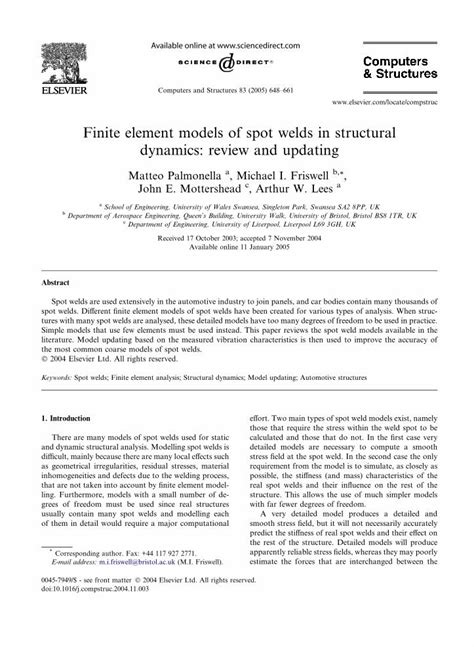 Pdf Finite Element Models Of Spot Welds In Structural Dynamics Dokumen Tips