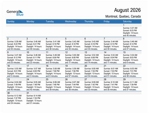 August 2026 Sunrise And Sunset Calendar For Montreal Canada Pdf