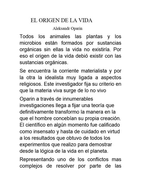 El Origen De La Vida Pdf Vida Abiogénesis
