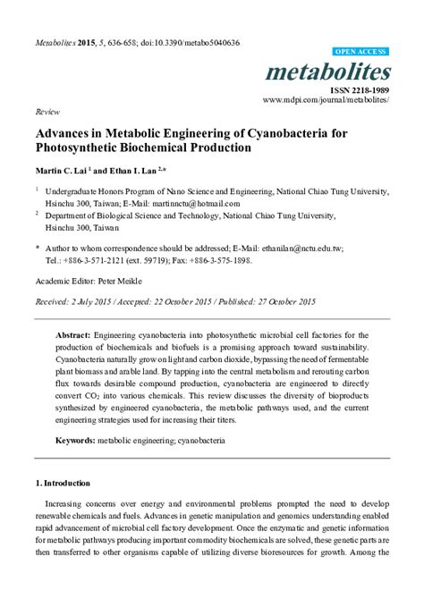 Pdf Review Advances In Metabolic Engineering Of Cyanobacteria For