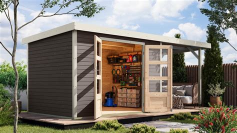 Karibu Gartenhaus Jupiter 4 B Set Terragrau Mit Anbaudach 2 35 M Breit Bxt 514 5x213 5 Cm