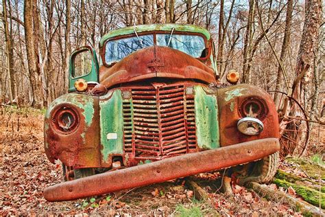 Rusty Old Green Truck In Autumn Color Photograph Vintage Car Hdr
