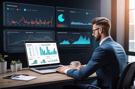 Premium Photo Businessman Works On Laptop Showing Business Analytics Dashboard With Charts Metrics
